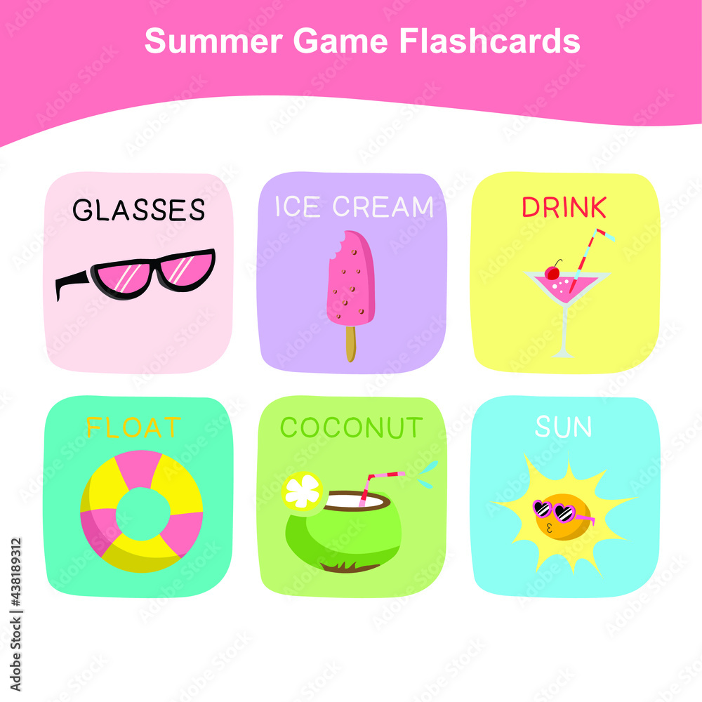 Vector de Stock Summer Game Flashcards for Preschool Children. Cute ...