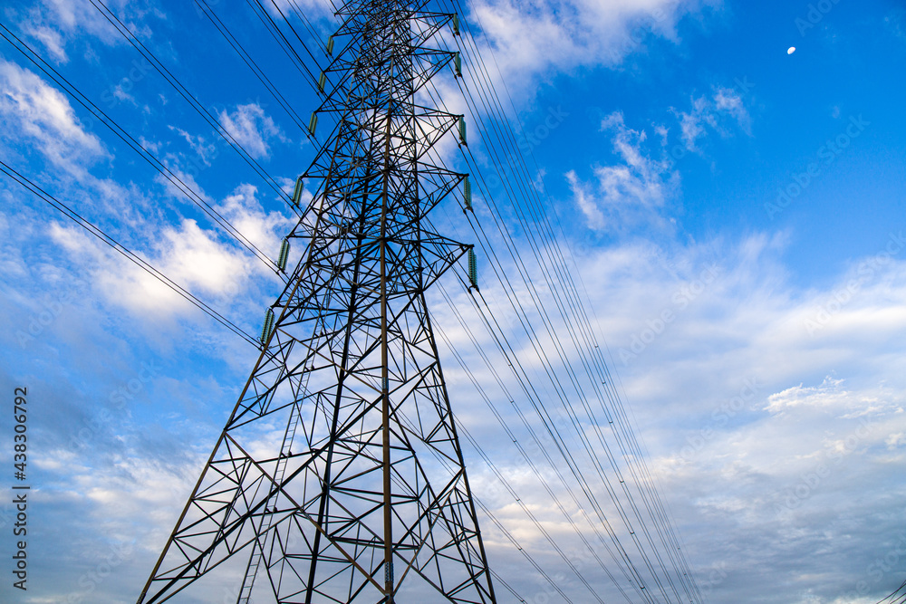 Landscape view of high voltage electric and electrical wires in the ...