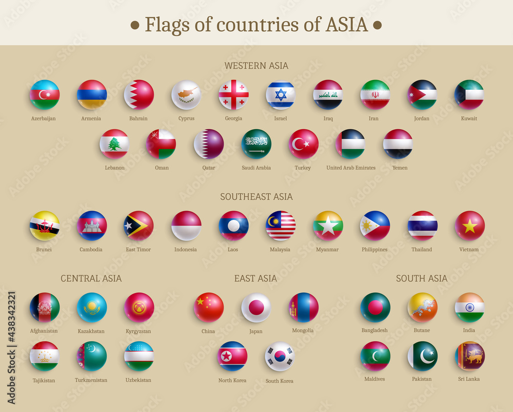 Flags of countries of Asia glossy buttons set. Banner with Asian ...
