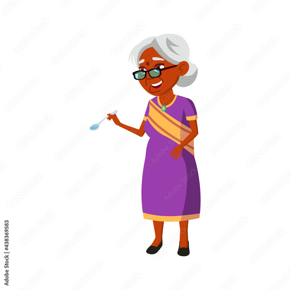Image vectorielle Stock old indian woman taste dish in canteen cartoon ...