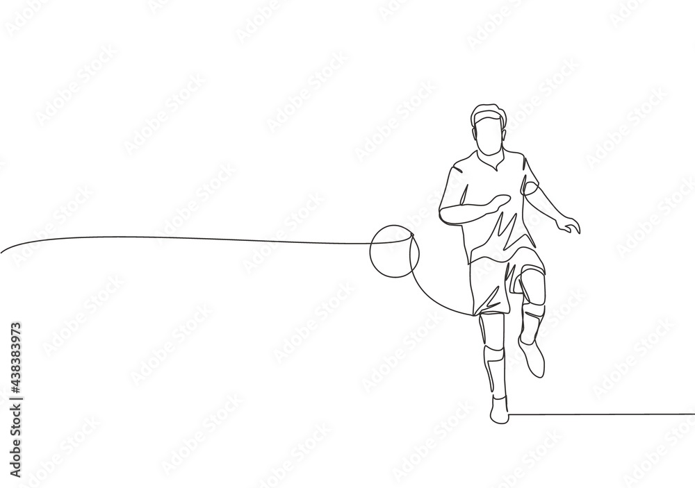 One single line drawing of young happy football player with short ...
