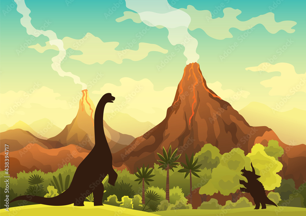 Stock-Illustration „Prehistoric landscape - volcano with smoke ...