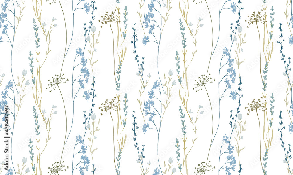 Hand drawn watercolor seamless pattern with meadow wild flowers. and ...
