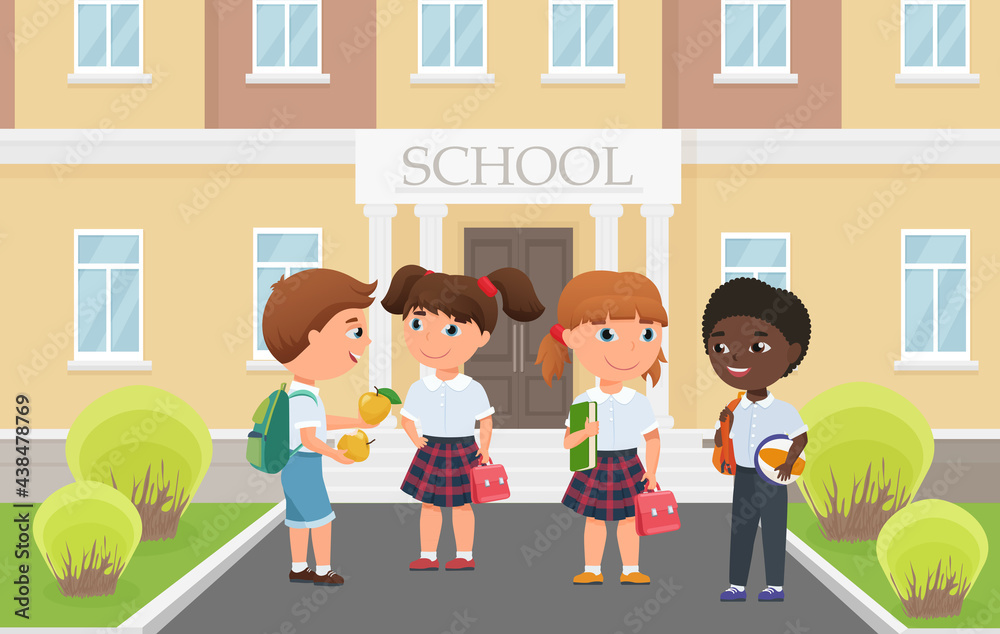 Happy kids in front of school building entrance, funny diverse group of ...