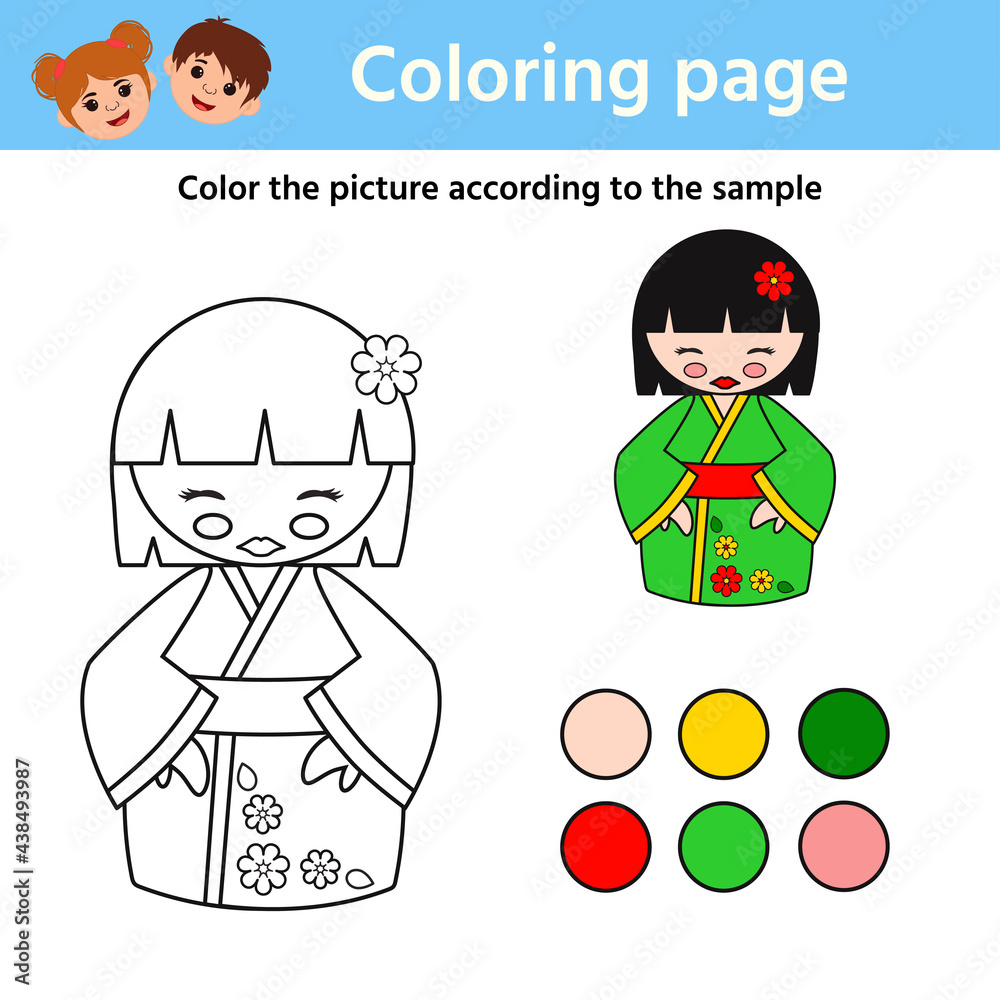 Game for preschool kids. Color by sample japanese kokeshi doll ...