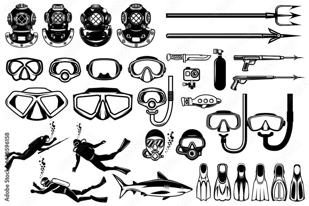 Big set of diver design elements. Diver helmet, diver mask, trident ...