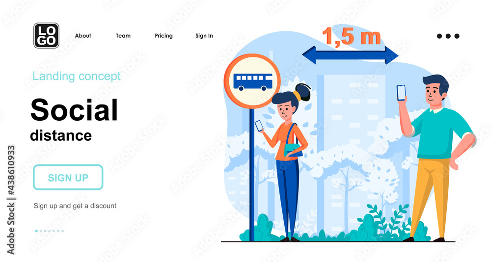 Social distance web concept. Man and woman keep their distance at bus ...