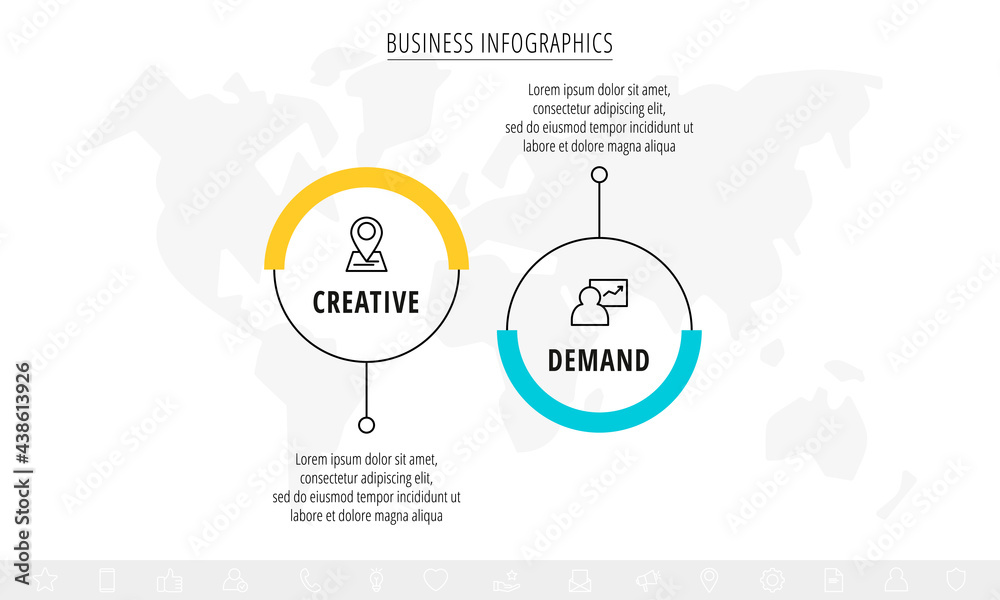 Line vector infographics with two circles and icons. Template with 2 ...