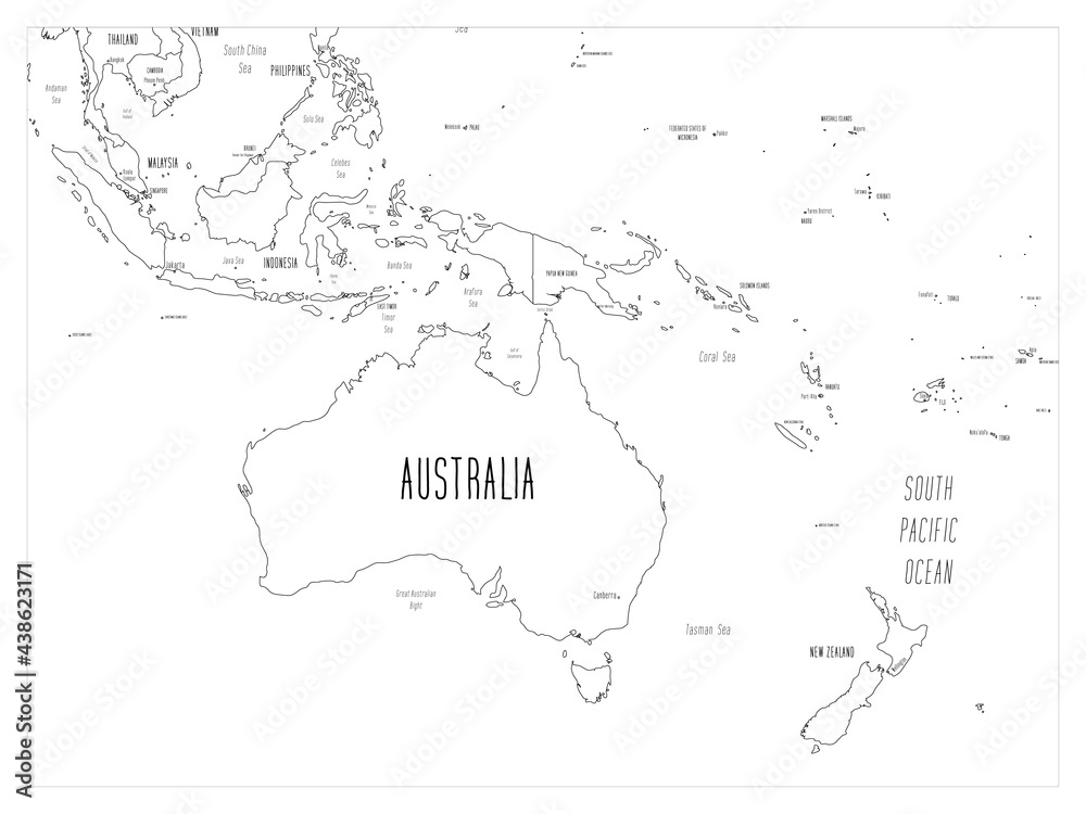 Political map of Australia and Oceania. Black outline hand-drawn ...
