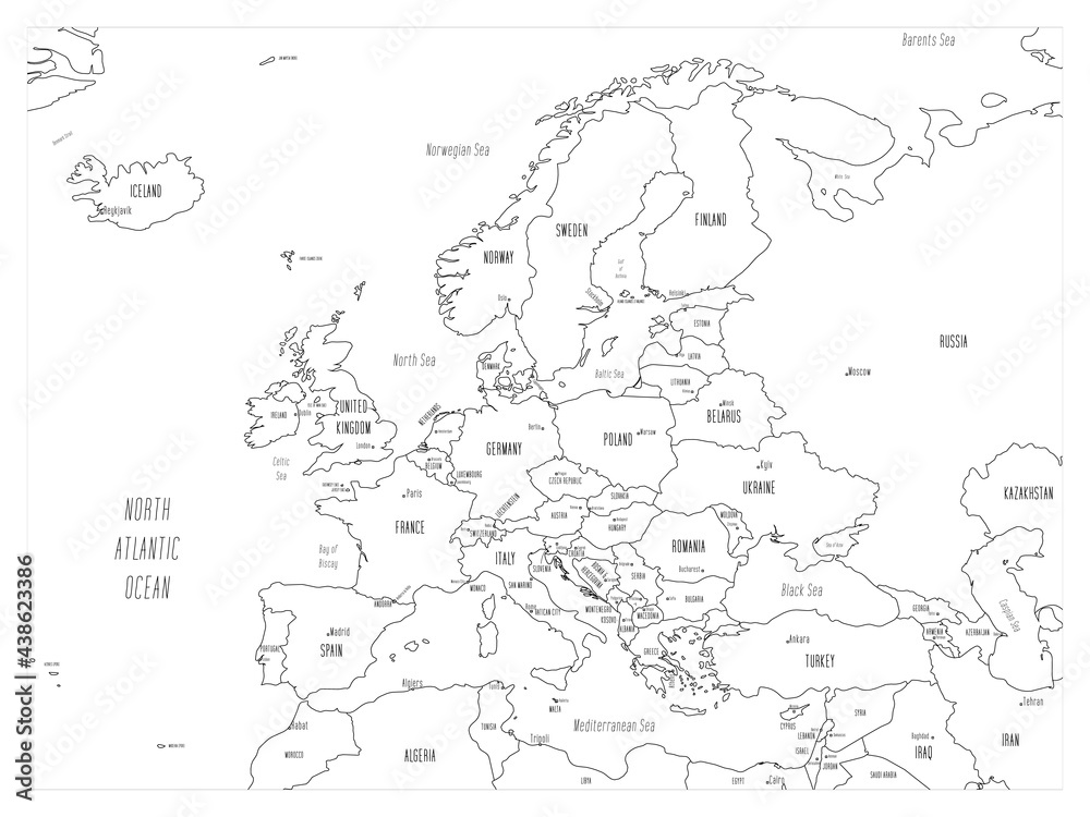 Political map of Europe. Black outline hand-drawn cartoon style ...