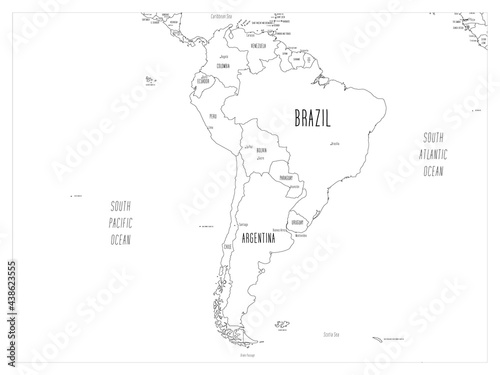 Political map of South America. Black outline hand-drawn cartoon style ...