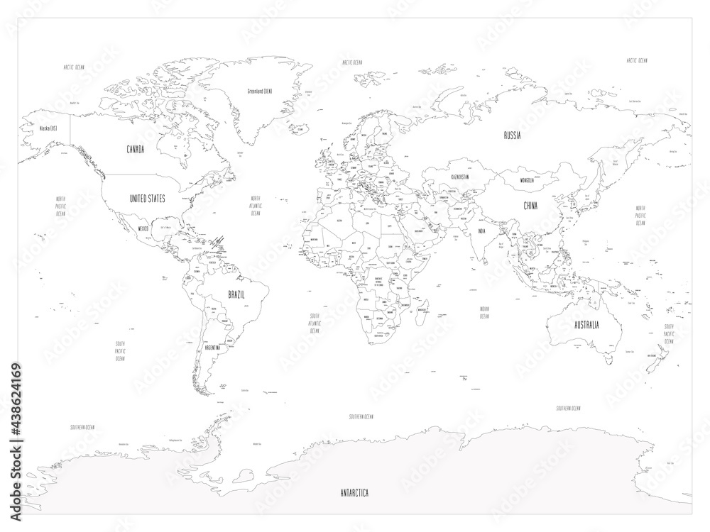 Political map of World. Black outline hand-drawn cartoon style ...