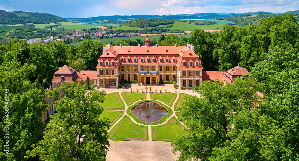 Aerial view of classicist chateau of French style. Large chateau, built ...