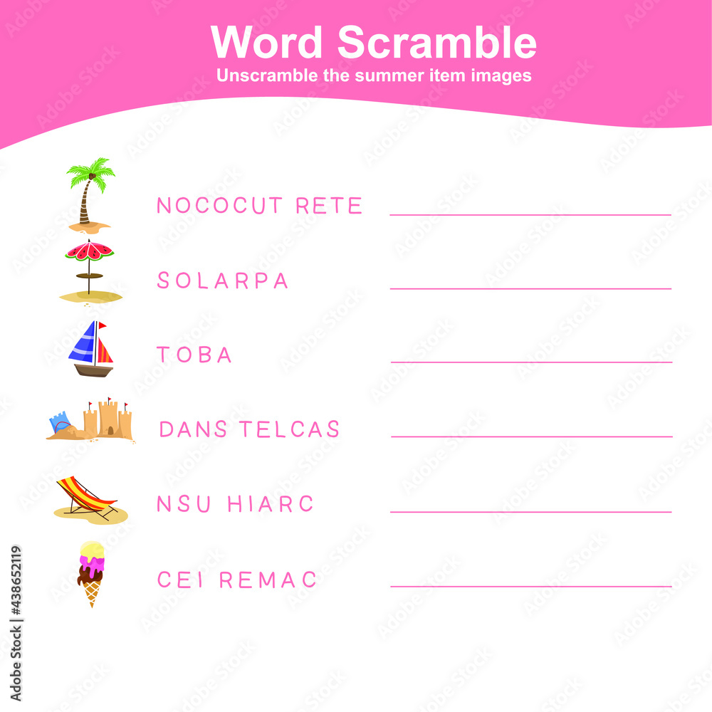 Image vectorielle Stock Spelling Word Scramble Game Summer Edition ...