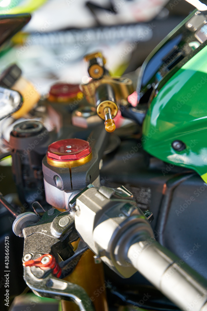 Motorcycle dashboard with windshield, gear indicator, RPM tachometer ...