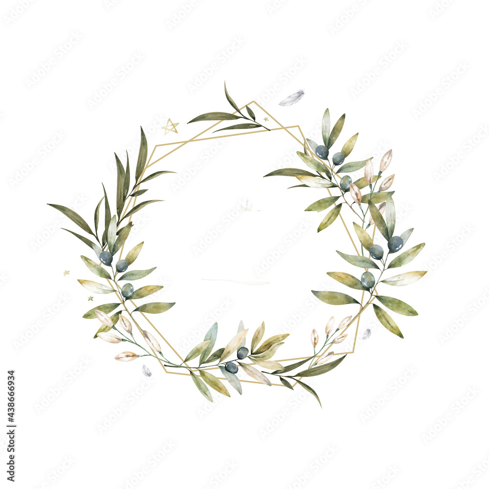Green olive wreath circle frame. Hand drawn watercolor isolated ...