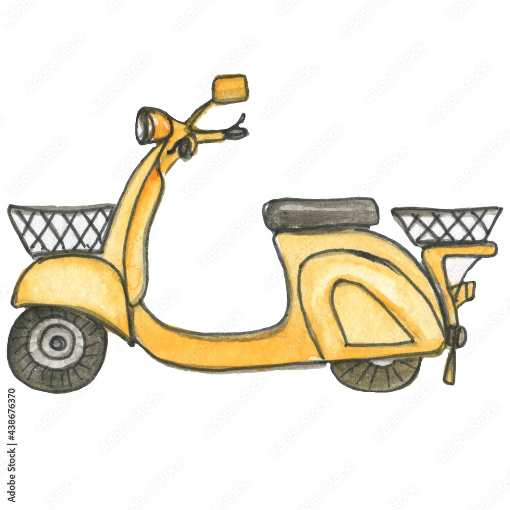 Watercolor drawing of a scooter, summer retro transport, different ...