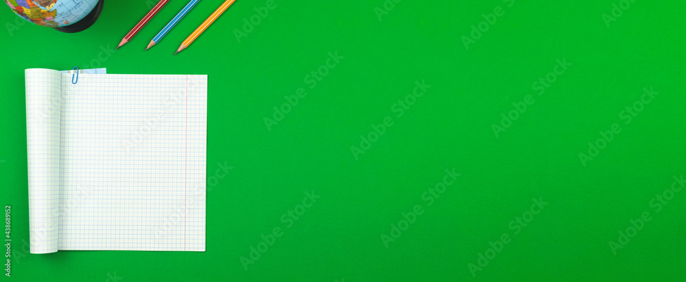 Math checkred school notebook mockup and banner with green background ...