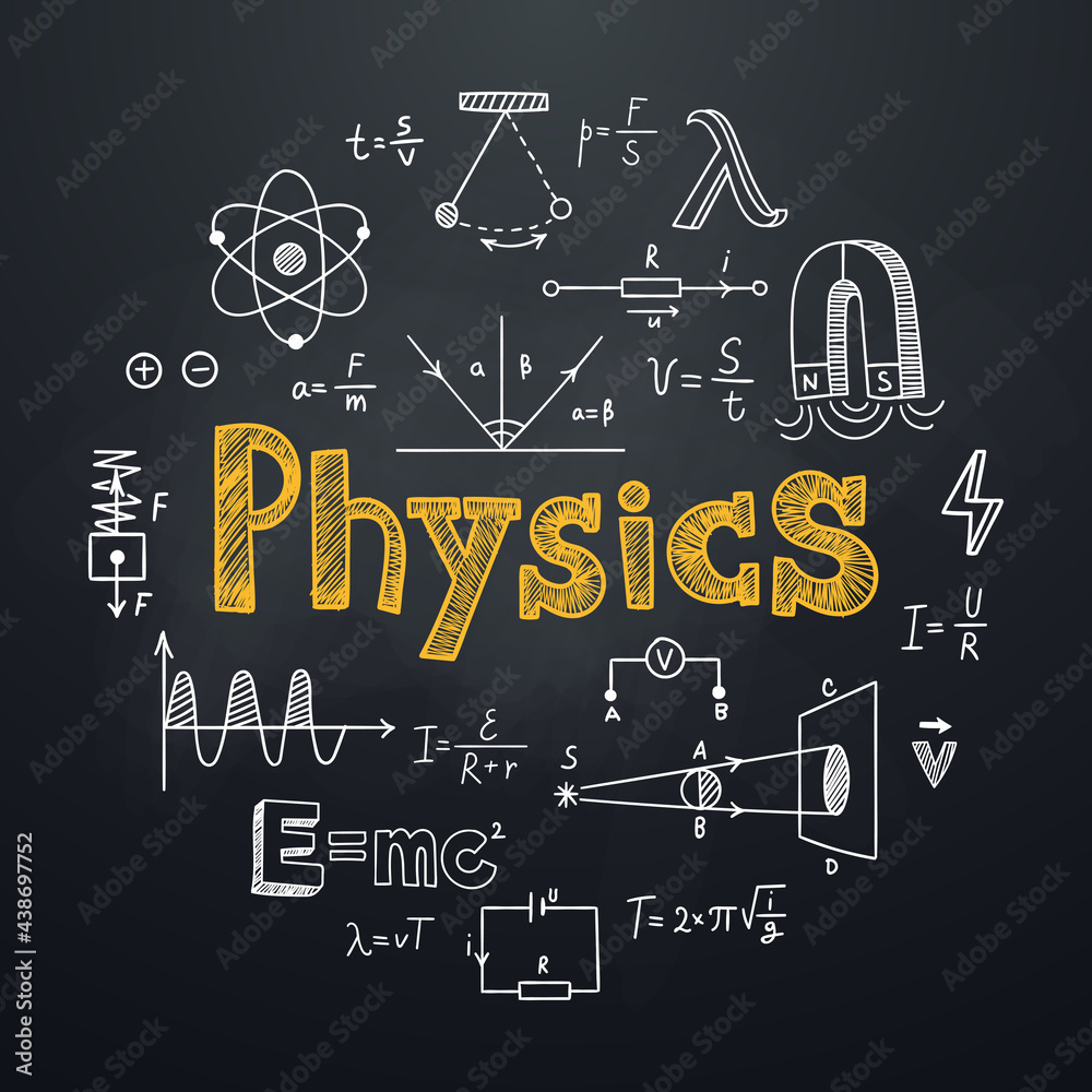 Physics chalkboard background in hand drawn style. Round composition ...