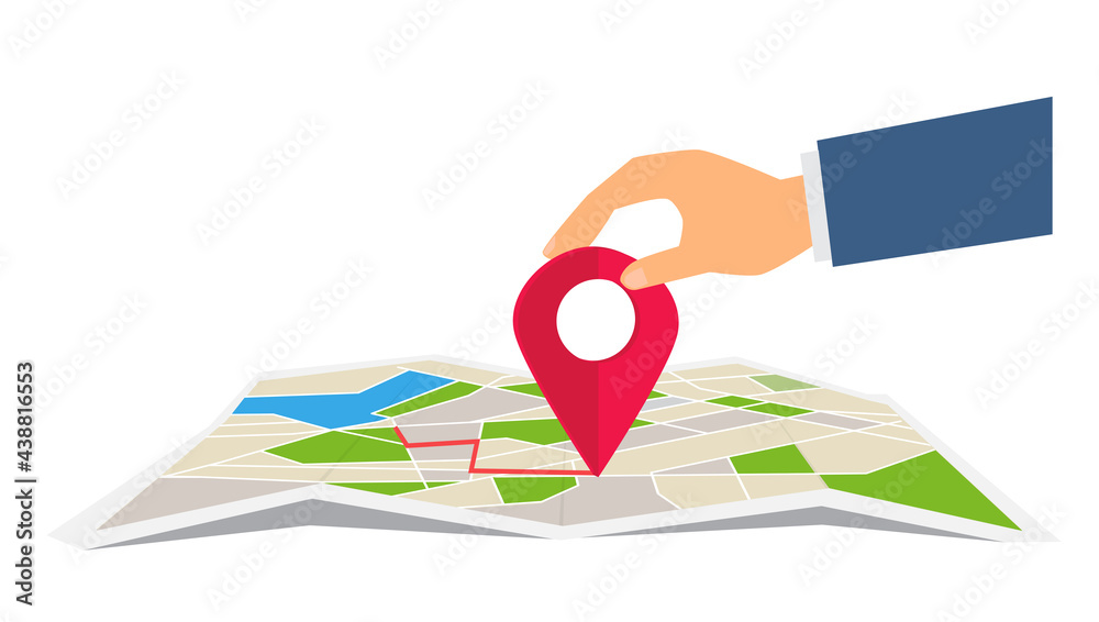Human hand moving red pin route sign on map, flat vector illustration ...