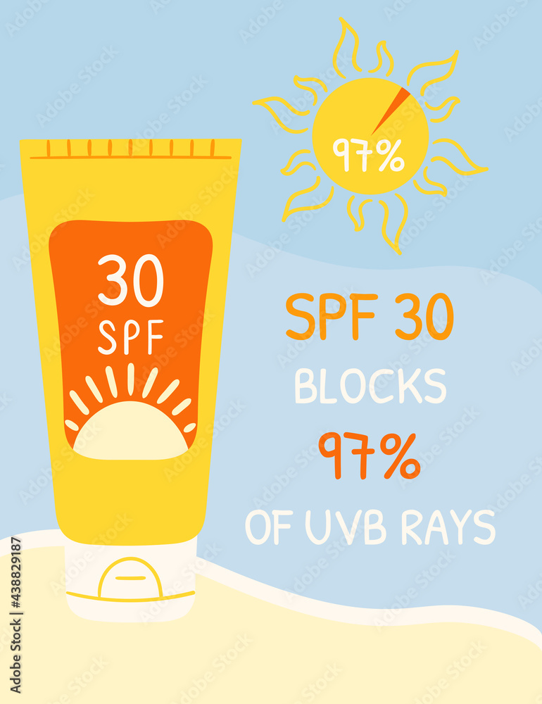 Sunscreen bottles with SPF 30 that blocks UVB rays. Sunscreen protection infographic on beach ...