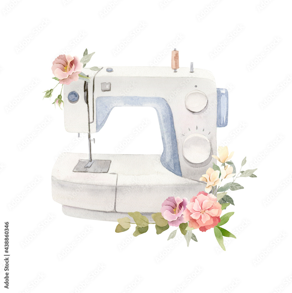 Watercolor hand painted sewing-machine decorated with flowers. Stock ...
