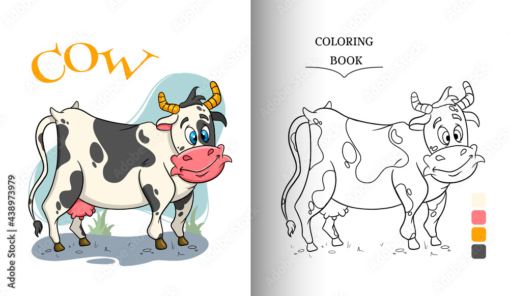 Animal character funny cow in cartoon style coloring book page Stock ...
