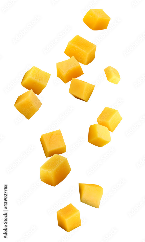 falling mango chunks isolated on a white background の Stock フォト | Adobe ...