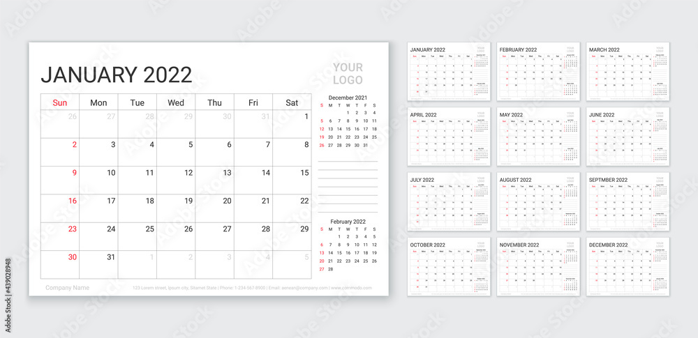 2022 calendar. Planner template. Week starts Sunday. Vector. Yearly ...