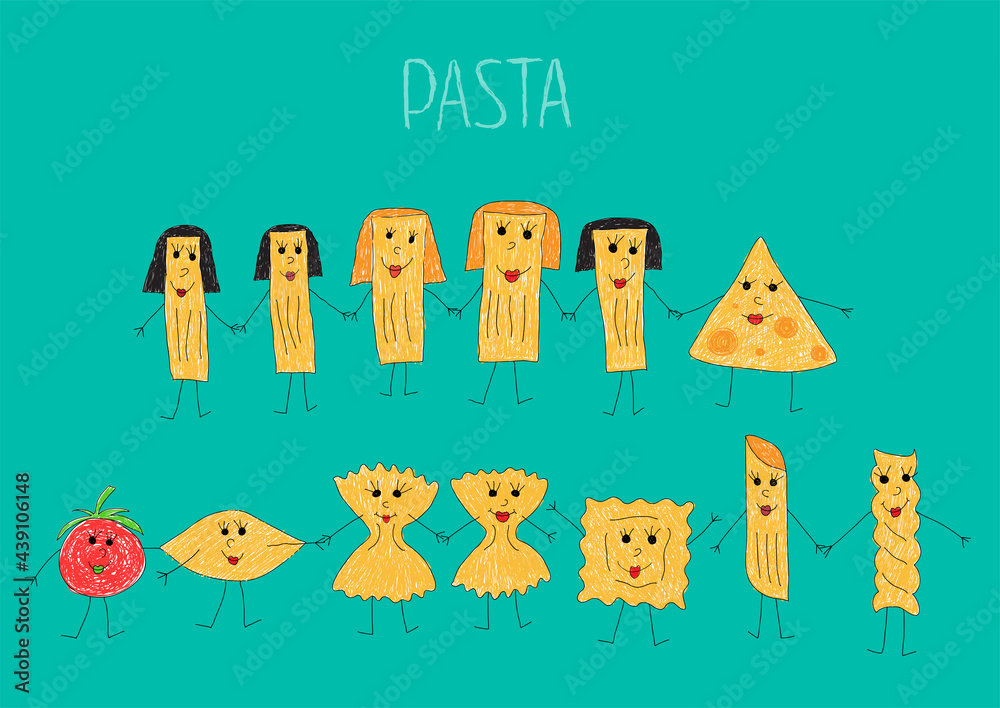 Set of cartoon characters of pasta. Child's drawing, hand drawing ...