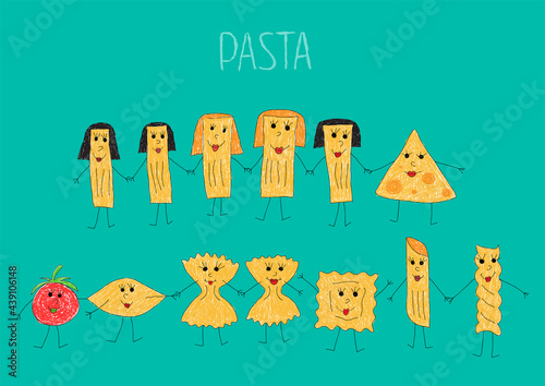 Set of cartoon characters of pasta. Child's drawing, hand drawing ...
