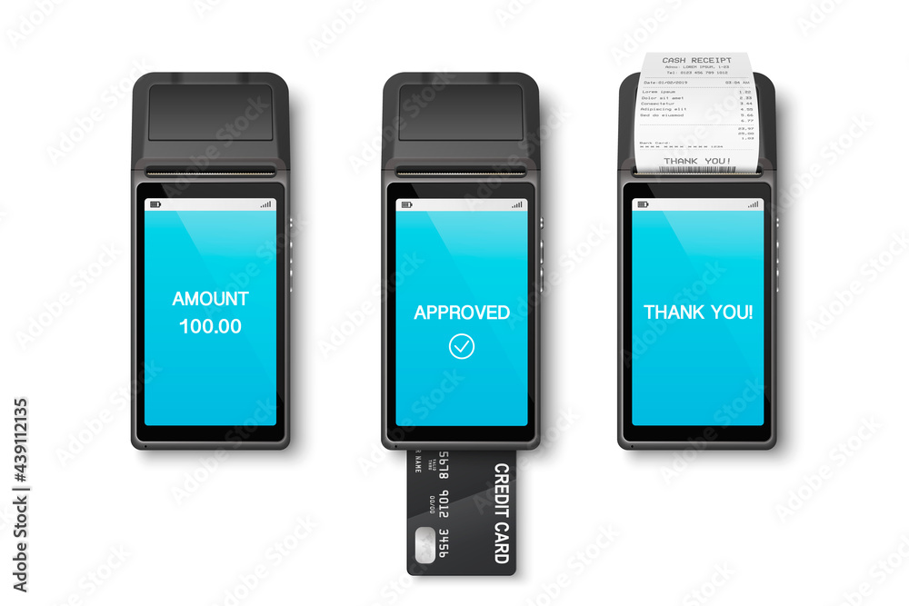 Vector 3d Realistic Payment Machine Set. POS Terminal, Paper Receipt ...