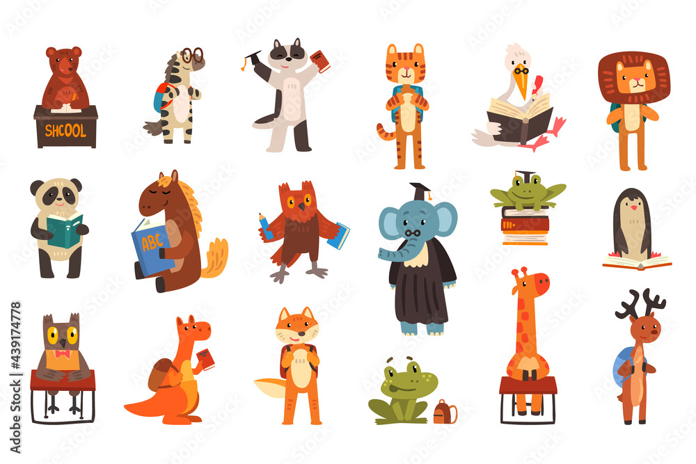 Set of Wild Animals Students Studying at School, Smart Animals with ...