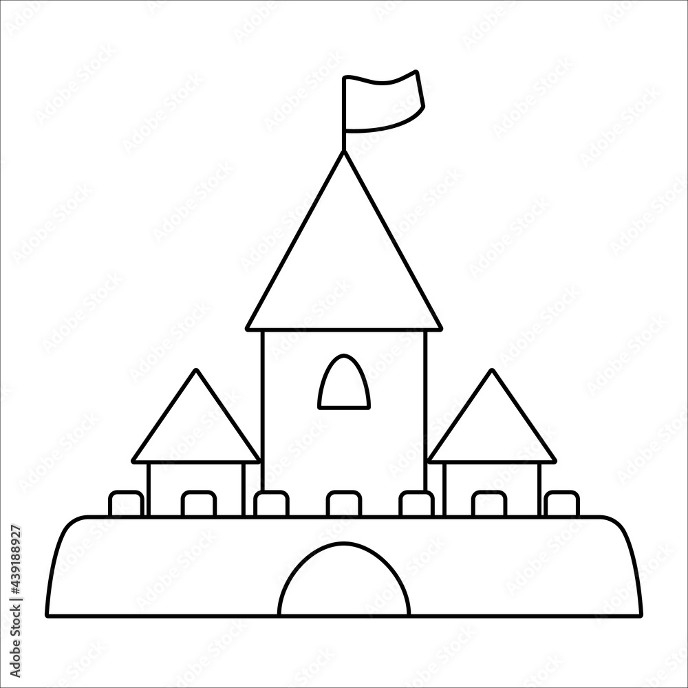 Vector black and white sandcastle. Outline sandy construction. Beach ...
