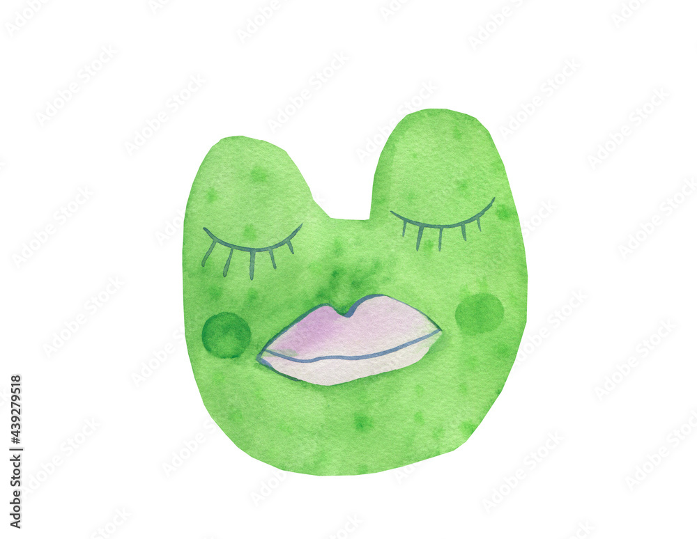 Watercolor green frog with purple lips on white isolated background ...