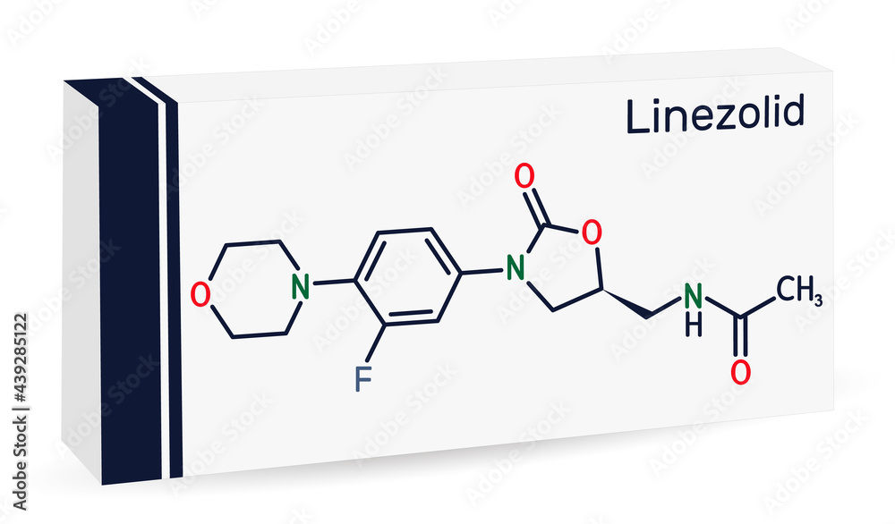 Linezolid molecule. It is synthetic antibiotic used for treatment of ...