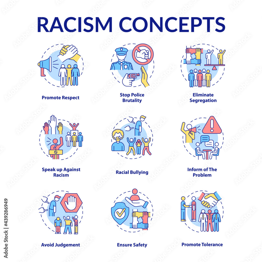 Racism concept icons set. Fighting racial discrimination and ...