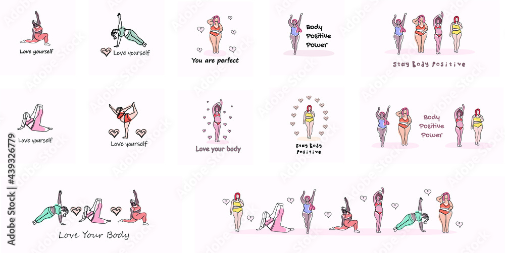 Mega big set of body positive illustrations. Bodypositive concept and ...