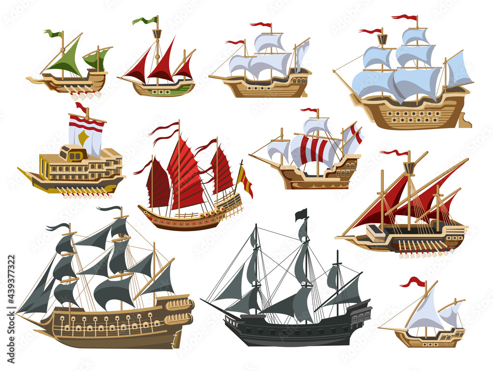 Pirate boats and Old different Wooden Ships with Fluttering Flags ...