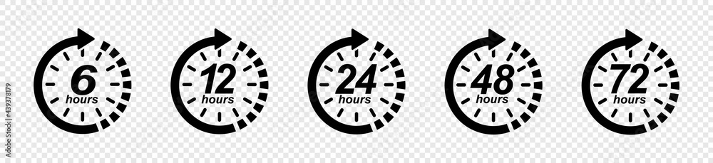 6, 12, 24, 48, 72 hours clock arrow. symbol work time, delivery and ...
