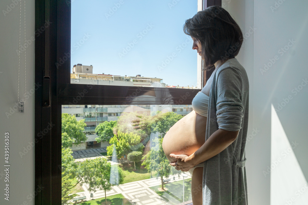 Pregnant young woman in front of a window in her bedroom の Stock フォト ...