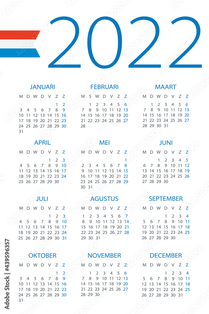 Calendar 2022 - illustration. Dutch version. Week starts on Monday ...