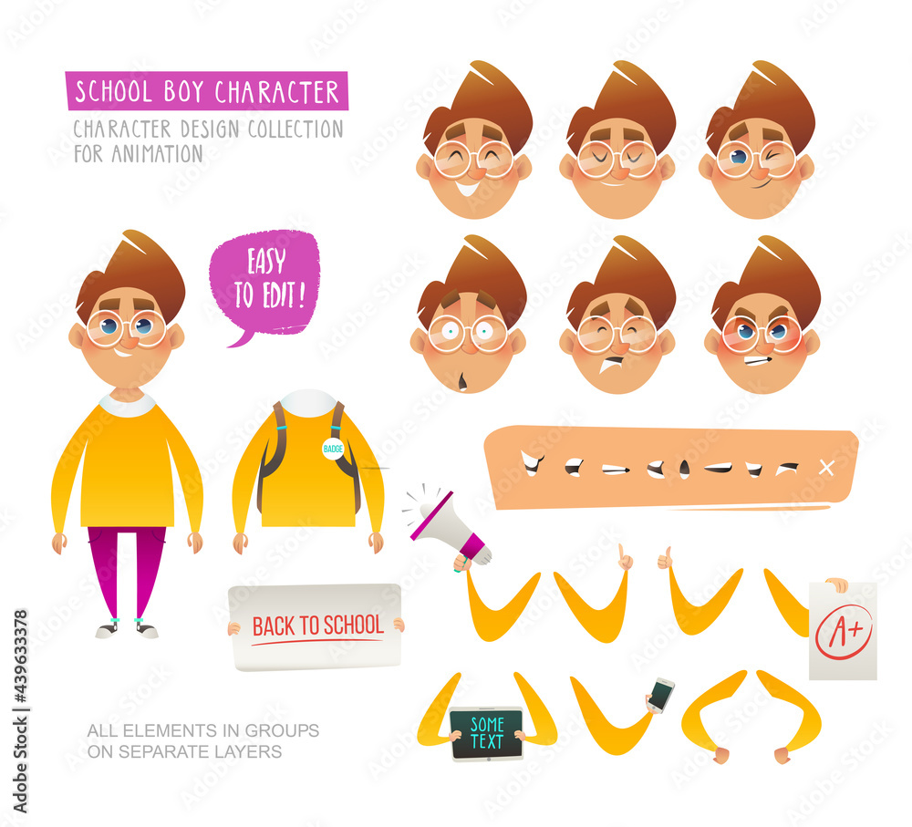 Cartoon Pupil School boy set Character for your scenes design and ...
