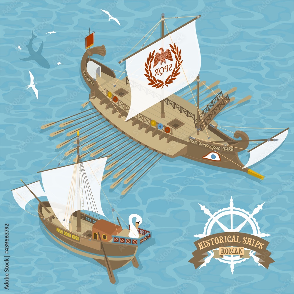 Historical Roman sail ships vector illustration in isometric ...