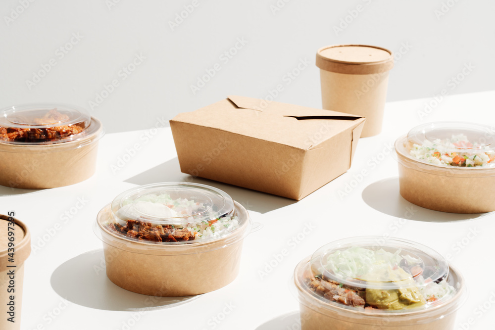 Variety of carton takeaway containers with food and drinks Stock Photo ...