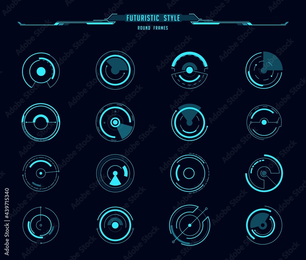 HUD futuristic digital round frames, vector borders of monitor interface, aim and target control ...