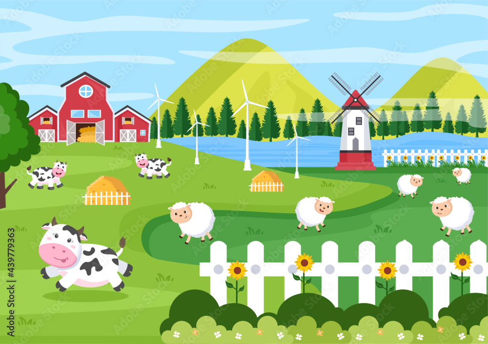 Cute Cartoon Farm Animals Vector Illustration With Cow, Horse, Chicken ...