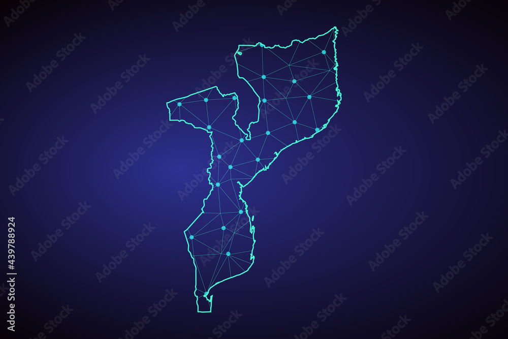 Vector de Stock Map of Mozambique. Wire frame 3D mesh polygonal network line, design sphere, dot ...