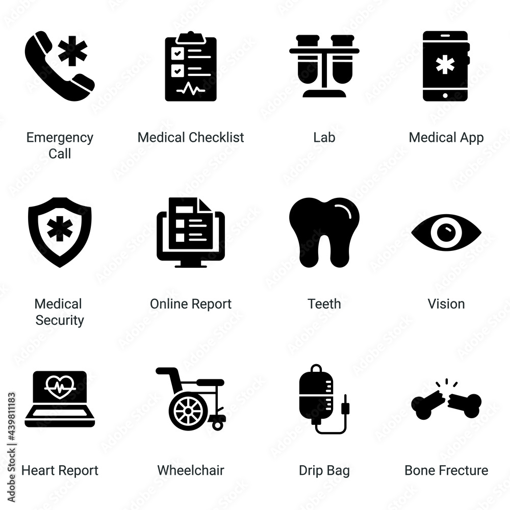set of hospital and healthcare icons in Glyphs style. professionals and ...