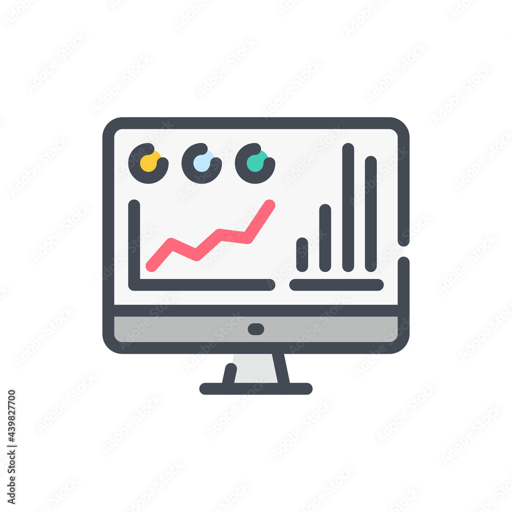 Online statistics and analytics color line icon. Computer with chart, graph and data report ...